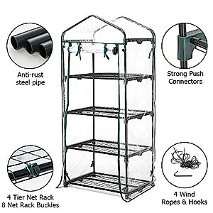 Greenhouse 4 Tier Mini Greenhouse 63x28x20 in Portable Garden Green House, with Zippered PVC Cover, Metal Shelves for Garden Yard Patio Indoor Outdoor, Extra Hooks Wind Ropes 8 Net Rack Buckles