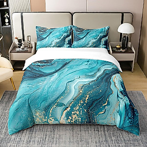 Erosebridal Marble 100% Natural Cotton Duvet Cover,Teal Blue Marble Comforter Cover for Kids Boys Girls,Gold Liquid Quicksand Design Bedding Set,Turquoise Tie Dye Bedspread Cover 3pcs King