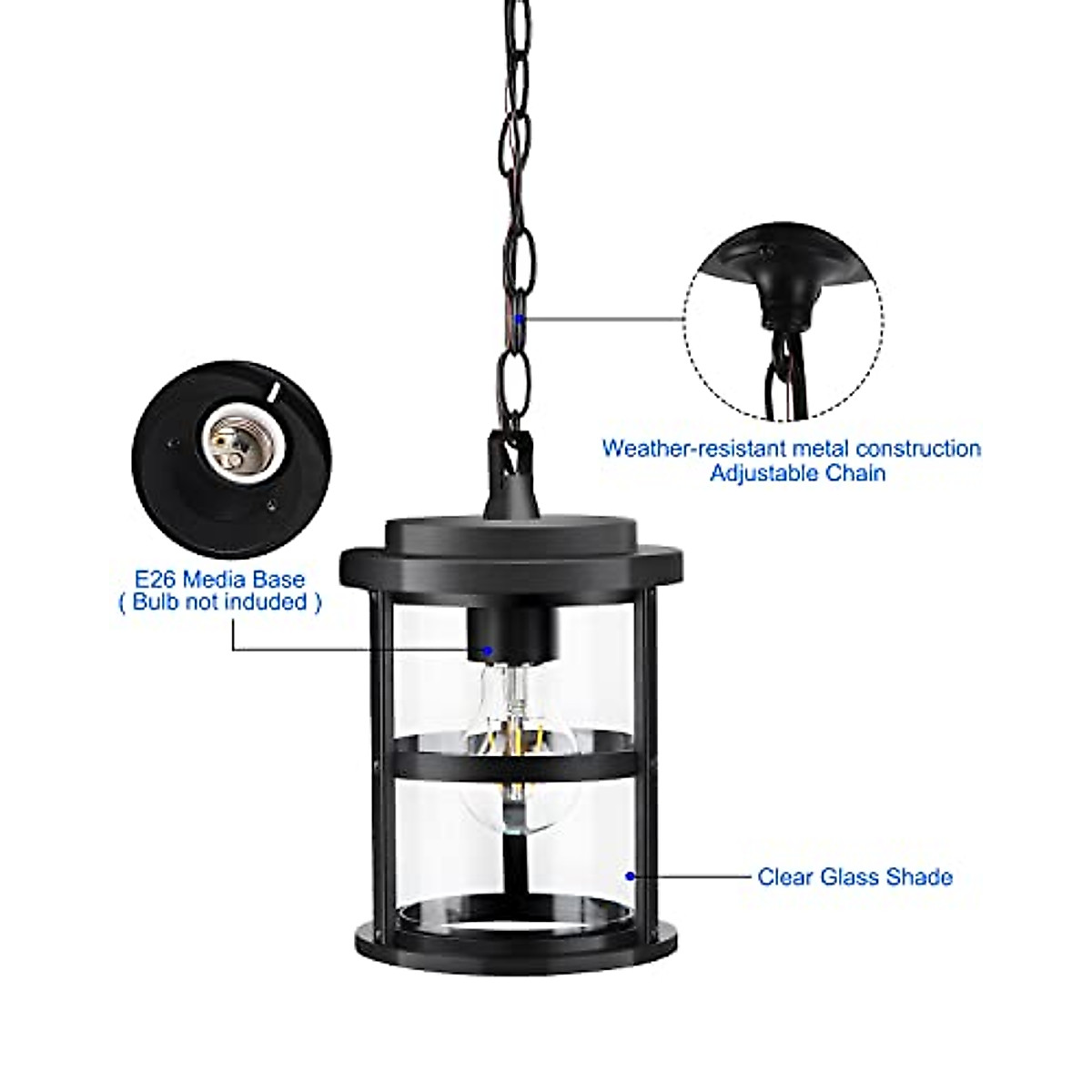 UFOND Outdoor Pendant Lantern for Porch, Pendant Light in Black Finish, 1-Pack Exterior Hanging Lantern with Clear Glass and Adjustable Chain,Gazebo Light Fixture for Patio Garage Entryway