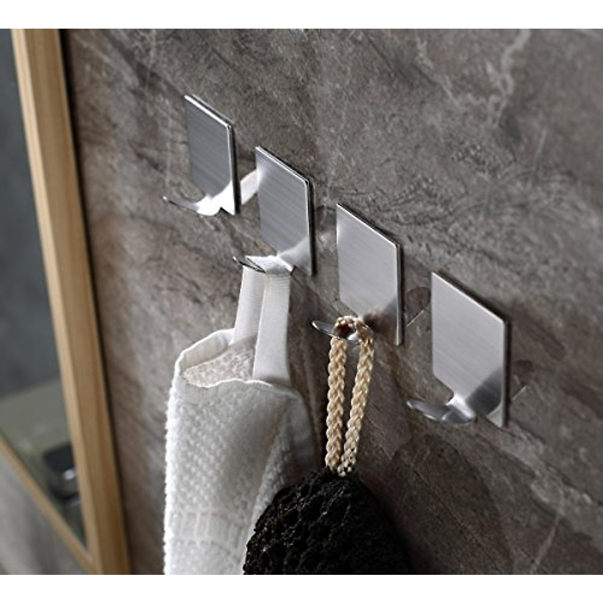 Togu SUS 304 Stainless Steel Self Adhesive Hook Heavy Duty Wall Hooks Nail-Free Waterproof Stick On Bathroom Kitchen Door for Keys Hats Towel Coats, Brushed Finish,4pcs
