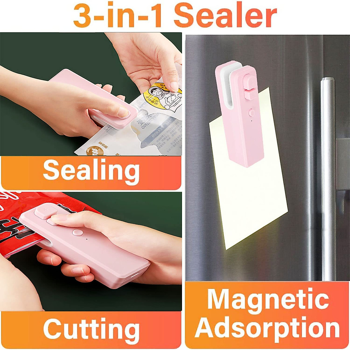 3 in 1 Mini Bag Sealer,Rechargeable Handheld Plastic Bag Resealer,with Cutter 3 in 1 Heat Portable Vacuum Sealers Kitchen Gadget for Chip Bags, Plastic Bags, Snack Freshness Food Storage（USB Cable)