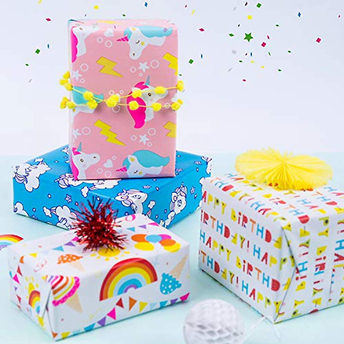 WRAPAHOLIC Birthday Wrapping Paper Roll - Unicorn Rainbow Pony Pink Blue with Cut Lines - 4 Rolls - 30 inch X 120 inch Per Roll