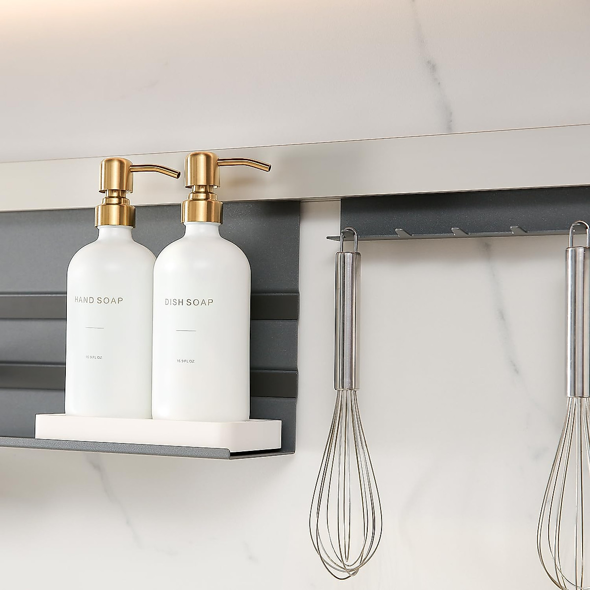 Prus Waso Gold Soap Dispenser Set, Glass Soap Dispenser with Stainless Steel Pump, Perfect for Modern Kitchen Counter Decor. (Gold)