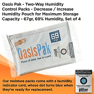 Oasis Pak Two-Way Humidity Packs - Ultimate Moisture Packs for Storage - Prevent Overdrying - Ideal Humidifier Packs & Hydration Packets - 67 Grams, 69% Humidity Level (Pack of 4)