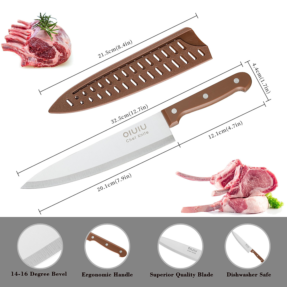 OLULU 8 inch Chef Knife, Razor Sharp Kitchen Knife with Protective Knife Sheath, Razor Sharp Slicing Knife with Ergonomic Handle, German Stainless Steel, Dishwasher Safe (Brown Color)