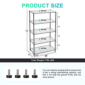 Dolonm 5-Tier Storage Shelves Wire Shelving Unit, 1750 LBS NSF Height Adjustable Shelves Organizer, 16" L x 36" W x 72" H, Heavy Duty Metal Garage Shelving for Restaurant, Kitchen, Laundry, Black
