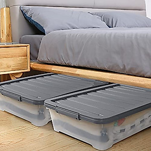 CadineUS 3-pack Large Plastic Under Bed Boxes with Wheels, Shallow Storage Tote Bins, 40 Quarts