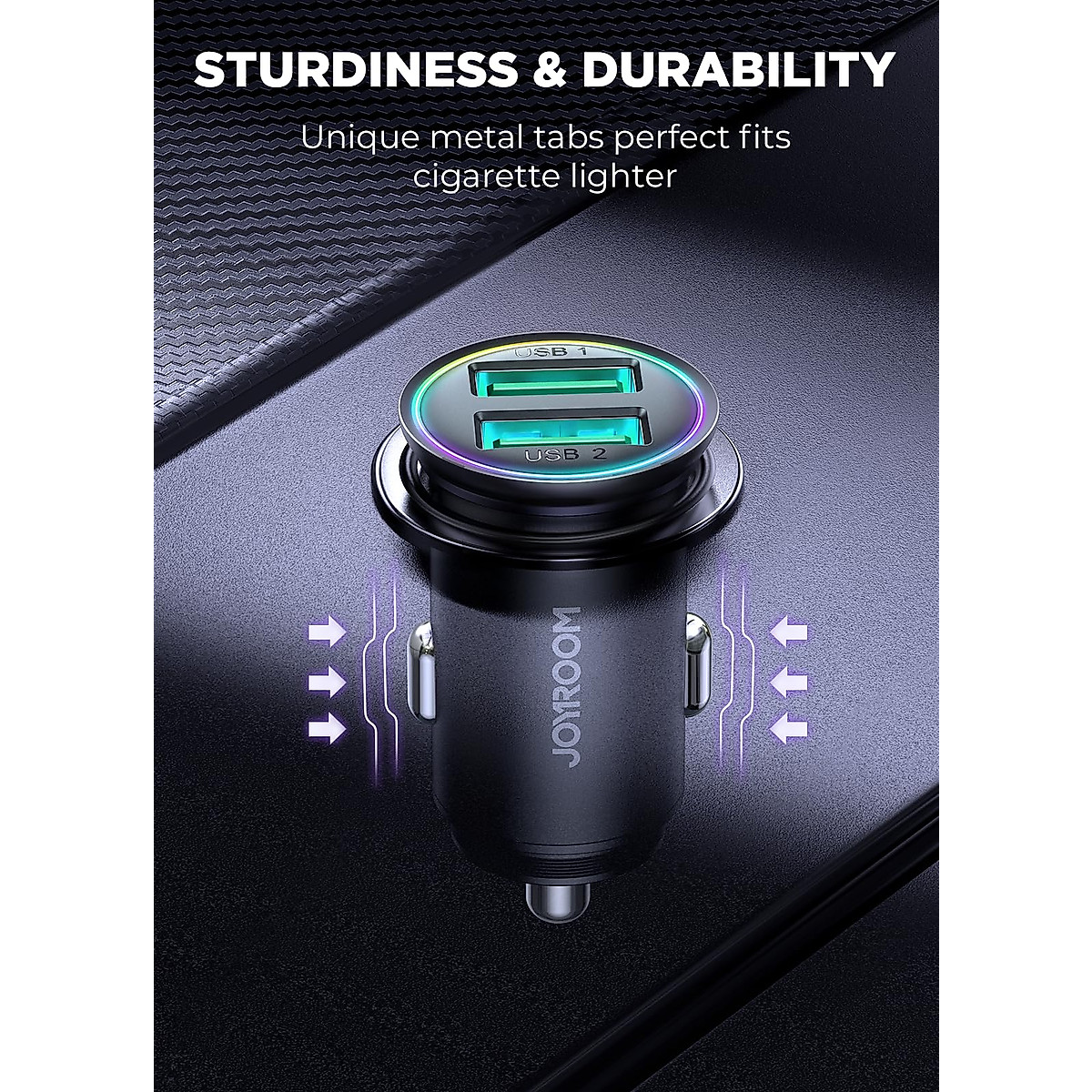 Car Charger，JOYROOM 4.8A Car Phone Charger All Metal, Mini Cigarette Lighter USB Charger with Type C Coiled Cable for iPhone 15 Pro, Dual USB Car Charger Adapter Fast Charge for iPhone/Samsung/Android