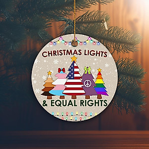 2023 Christmas Lights and Equal Rights Ceramic Ornament Christmas Tree, Minimalist Feminist Gift LGTBQ Patriotic USA Gay Pride, Womens Rights Holiday Decor, Pro Choice, Social Justice, Peace