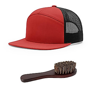 Richardson 168 Hi-Pro Trucker Snapback Cap Bundle with THP Hat & Clothing Brush (Red/Black)