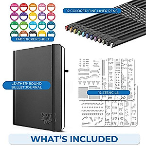 KEFF Bullet Dotted Journal Kit - Dot Journaling Set Supplies with 237 Pages Hardcover Grid Notebook Planner, Pens, Stencils and Stickers for Teenage Girls & Adults - Black