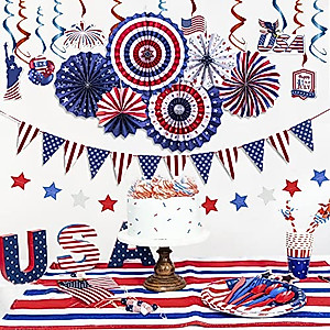 Red White Blue Patriotic Labor Day 4th of July Veteran Day Party Decorations with Decorative Tissue Paper Fans Streamers Swirls Star Garlands Banner for Independence Day Birthday Baby Classroom Decor