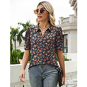 LOMON Womens Collared Shirts Puff Sleeve Polo Shirts Short Sleeve Summer Work Tops Navy Blue Floral XL