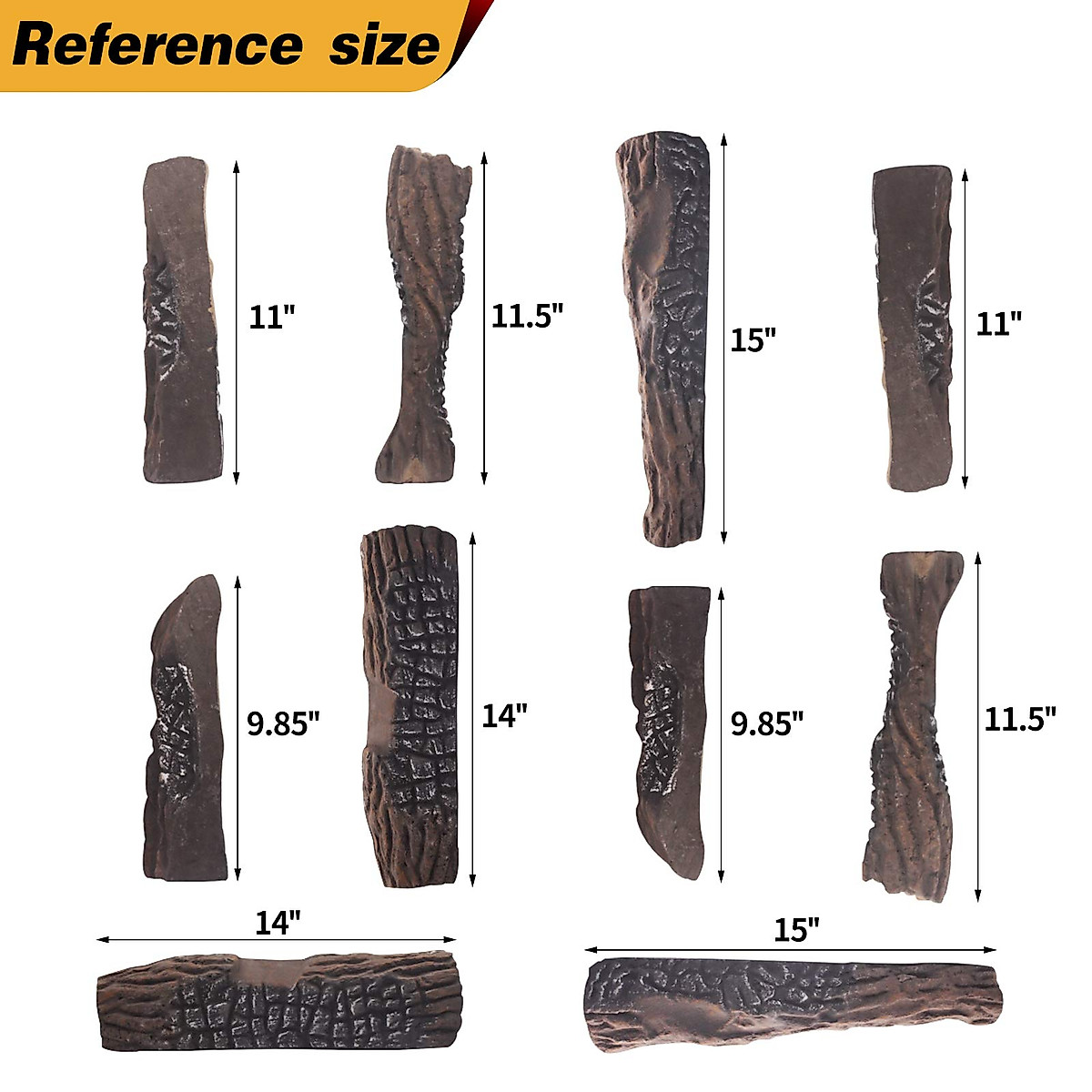Gas Fireplace Logs,10pcs Large Faux Firepit Logs, Decorative Ceramic Wood Log Set for Indoor Outdoor Gas Insets, Vented,Ventless, Electric,Ethanol,Gel Fireplaces