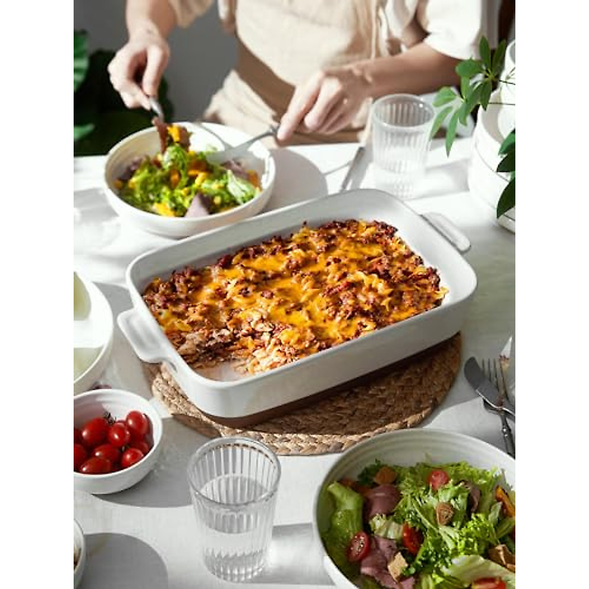 DOWAN Ceramic Baking Dish, 9x13 Deep Lasagna Pan, Large Casserole Dish with Handles, 4.3 Quarts Durable and Oven Safe Pan, for Roasting and Baking, Alabaster White