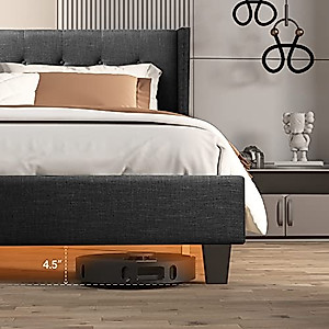 BONSOIR King Size Grey Color Bed Frame Upholstered Traditional Low Profile Platform with Wing Back Headboard Linen Fabric Upholstery/Sand (Dark Grey, King Size)