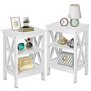 VECELO Nightstand Sofa Side Table with 3-Tier Storage Shelf for Living Room, Bedroom, Stable Steel Frame, Easy Assembly, End 2 Set, White