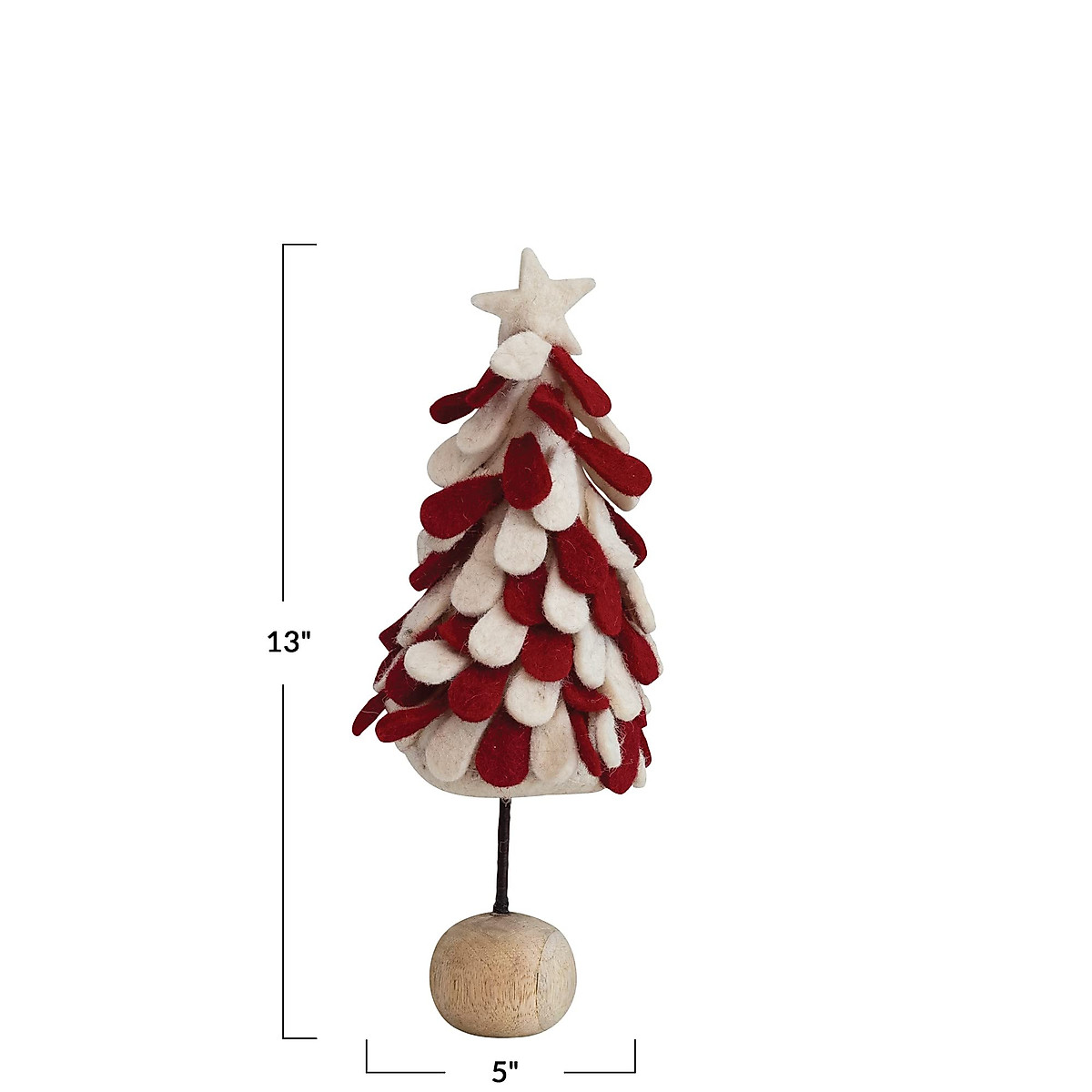 Creative Co-Op 5" Round x 13" H Handmade Wool Felt Tree w/Star & Wood Ball Base, White & Red