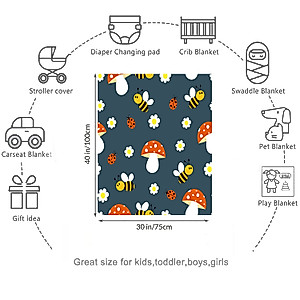 Loxloy Baby Blanket, Silky Soft Micro Fleece Baby Blanket with Dotted Backing, Printed Cute Bees, Mushrooms, Ladybugs and Daisies Throw Blanket for Boys and Girls, Colorful, 30x40 Inches