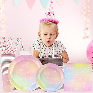 Pastel Birthday Party Supplies Decorations, Rainbow Theme Birthday Paper Plates and Napkins Set with Cups and Straws for 24 Guests, 120 Pcs Disposable Party Dessert Dinnerwares