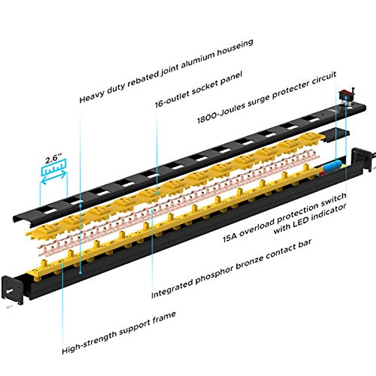 CRST Long Power Strip, 12-Outlet Heavy Duty Surge Protector Metal Power Bar with Wide Spaced 1800 Joules Protection 15A Circuit Breaker Mounting Brackets 6FT Extension Cord…