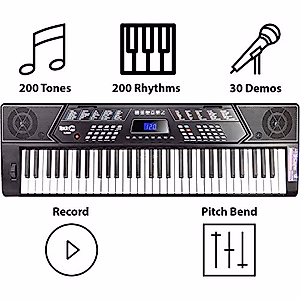 RockJam 61 Key Keyboard Piano Stand With Pitch Bend Kit, Piano Bench, Headphones, Simply Piano App & Keynote Stickers