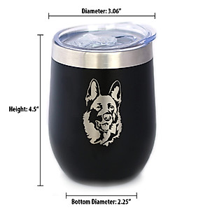German Shepherd Wine Tumbler with Sliding Lid - Stemless Stainless Steel Insulated Cup - German Shepherds Outdoor Camping Mug - Black