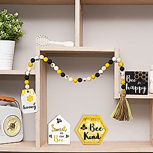 5 Pieces Bee Wooden Tiered Tray Decor Set, Bee Kind Sign Sweet as Can Bee Wood Block Decor Bee Wood Bead Garland 3D Raised Letter Bee Kitchen Decor for Spring Home Farmhouse Rustic Decorations
