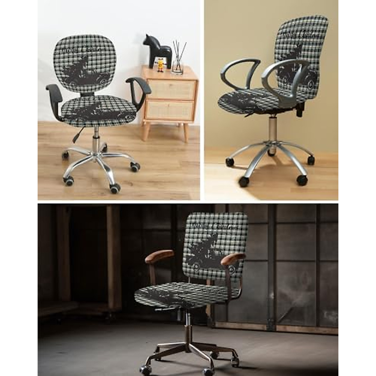 Christmas Truck Office Chair Cover Stretchable Computer Chair Seat Cover Backrest Slipcovers, Stretchable Rotating Desk Chair Seat Cushion Split Protectors Xmas Tree Snowflake Blackish Green Plaid