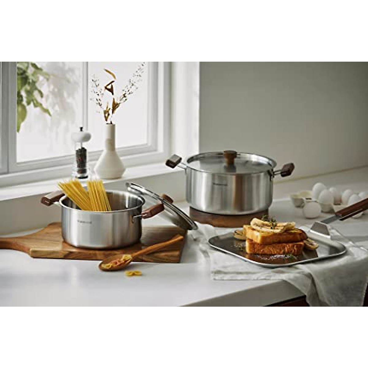 Dr.HOWS Warmwood Nonstick Pot 7 inch with Lid - Small Kitchen Stainless Steel Pot with Wooden Handles - Lightweight Pot For Induction, Ceramic, Electric, Halogen and Gas Cooktops