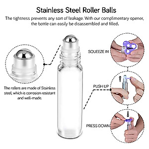 PrettyCare Essential Oil Roller Bottles 10ml (24 Pack Clear Glass Bottle with Gold Cap, 4 Extra Roller Balls，48 Labels, 2 Openers, 2 Funnels Roller Balls For Essential Oils, Roll on Bottles