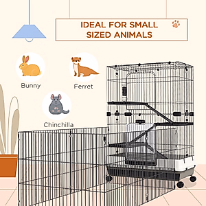 PawHut 4-Level Small Animal Cage Rabbit Hutch with Wheels, Removable Tray, Platform, Playpen and Ramp for Bunny, Chinchillas, Ferret, Black