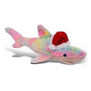 DolliBu Santa Large Rainbow Shark Stuffed Animal Plush Toy - Wild Animal Dress Up with Red Santa Claus Hat, Cute Wildlife Gift, Perfect Holiday with Name Personalization - 23 Inches