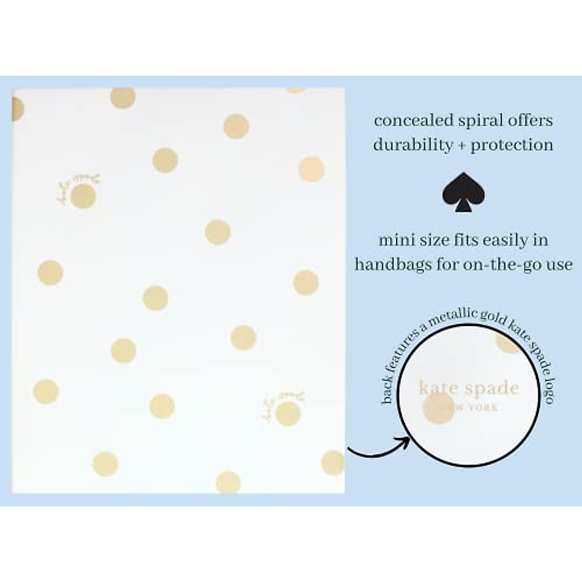 Kate Spade New York Small Concealed Spiral Notebook, 8.25" x 6.75" Journal Notebook with 112 Lined Pages, Gold Dot with Script