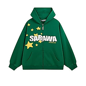 NIGEIYEME Unisex Star Y2k Zip Up Hoodie Long Sleeve Star Print Vintage Sweatshirt E-girl Halloween Casual Top Streetwear Jacket (Green,XXL,US,Alpha,Unisex,Adult,XX-Large,Regular,Regular)
