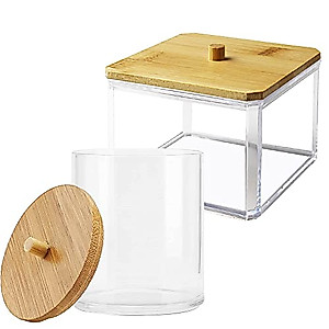 YuCool Acrylic Round and Square Holder Dispenser with Bamboo Lid for Cotton Ball Pad Bath Salt