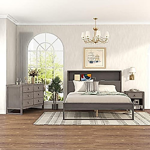 CITYLIGHT 3 Piece Queen Bedroom Set, Wood Queen Size Platform Bed with USB Port, One Nightstand and 6 Drawers Dresser, Queen Bedroom Furniture Set for Kids Teens Adults, Antique Grey