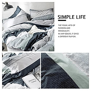 VClife Cotton Twin Duvet Cover White Grey Blue Stripe Comforter Quilt & Pillow Protector Cover Sets Simple Style Geometry Bedding Sets, 1 Twin Size Duvet Cover 68" x 86" & 2 Pillow Shams 20" x26"