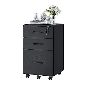 Panana 3 Drawer Wood Mobile File Cabinet, Under Desk Storage Drawers Small File Cabinet for Home Office (Black)