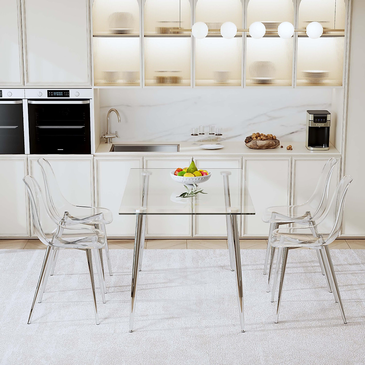 Ufurpie 5 Piece Dining Room Table Set, 51" Glass Kitchen Table & 4 Clear Chairs,Clear Dining Table Sets w/Chrome Legs, Pre Assembled Modern Glass Dining Table Set for 4(Silver)