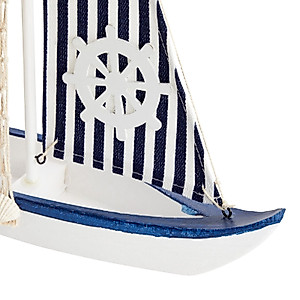Juvale Sailboat Model Decoration - Wooden Sailing Boat Home Decor Set, Beach Nautical Design, Navy Blue and White with Ship's Wheel, 13 x 15 x 3 Inches
