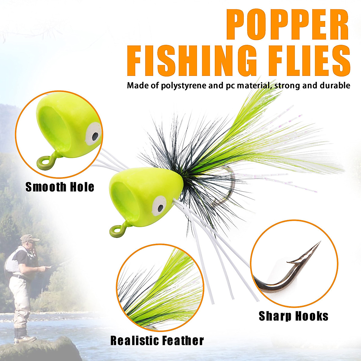 Fly Fishing Flies Fly Popper Panfish Bass Popper Flies Dry Fly Fishing Flies Topwater Bait Fly Fishing Popper for Bass Trout Panfish Crappie Bluegill Sunfish