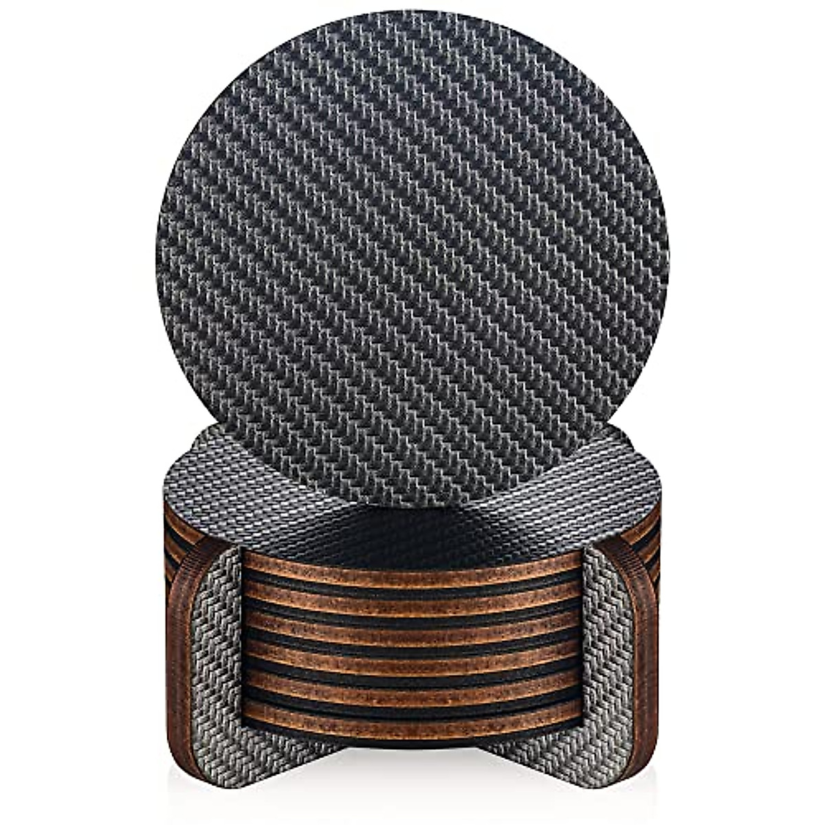 Modern Coasters for Drinks| Premium Carbon & Wood Coaster | Unique Geometric Design | Protects Wooden Table | Unique Gift in Luxury Gift Box (Carbon Round with Holder)