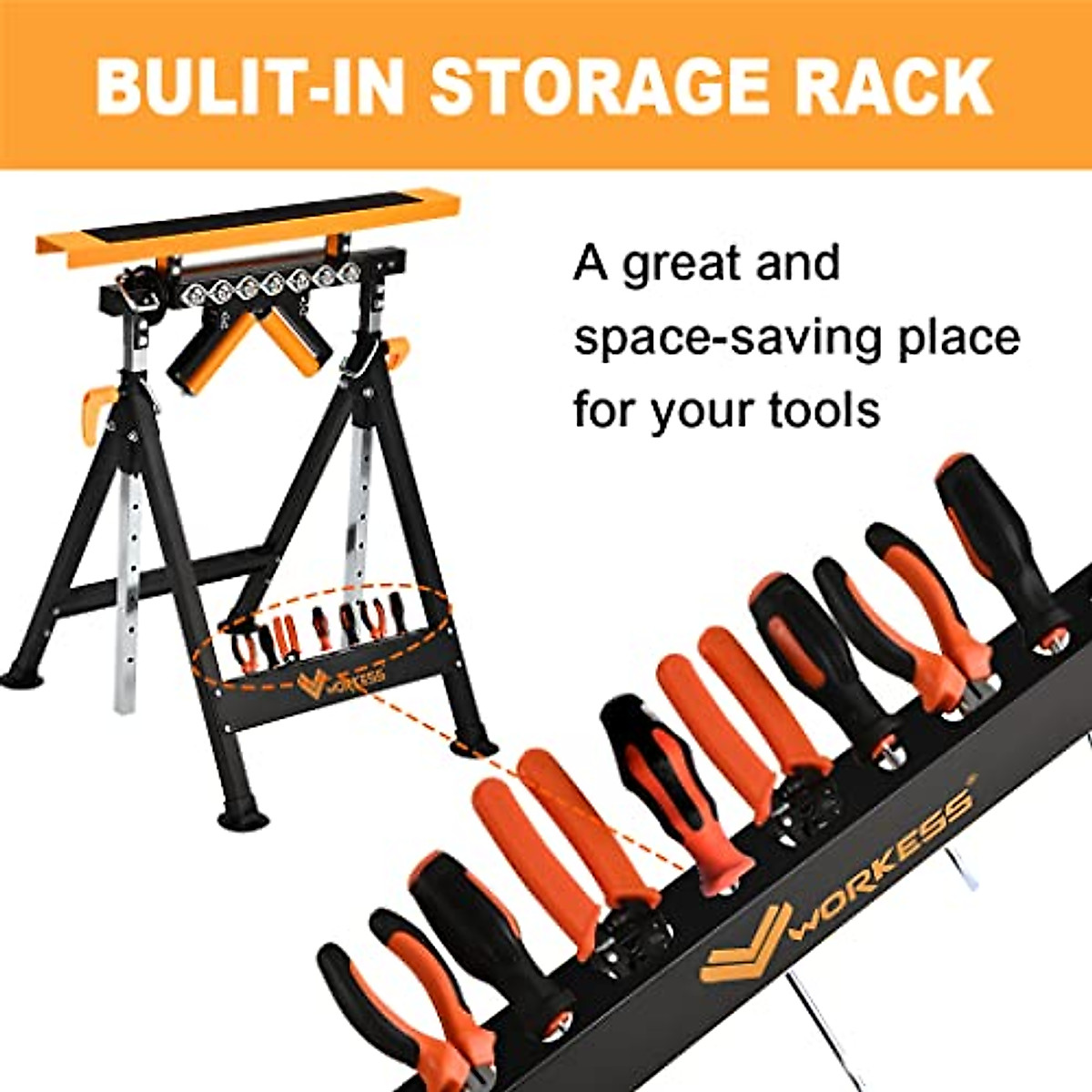 WORKESS 4 in 1 Roller Stand, Stable 440 Lbs Load Capacity with Saw Horses, V-Shaped, Multi-Directional Rollers & Outfeed Roller, Adjustable Height 33”- 50”, Folding for Woodworking