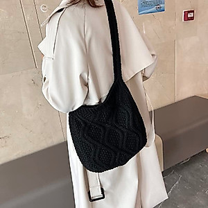 Crochet Beach Bag for Women, Knitted Shoulder Crossbody Handbags, Cute Purses Crocheted Hobo Bag (Color : 02 - Black)