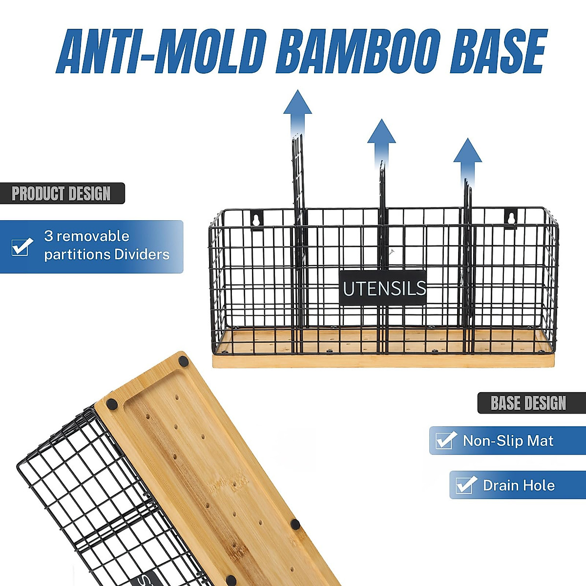 WellSign Kitchen Utensil Holder for Countertop with 4 Compartments, Black Metal Large Cooking Utensil Holder with Bamboo Base, Farmhouse Utensil Organizer for Kitchen Counter or Wall Mounted Storage