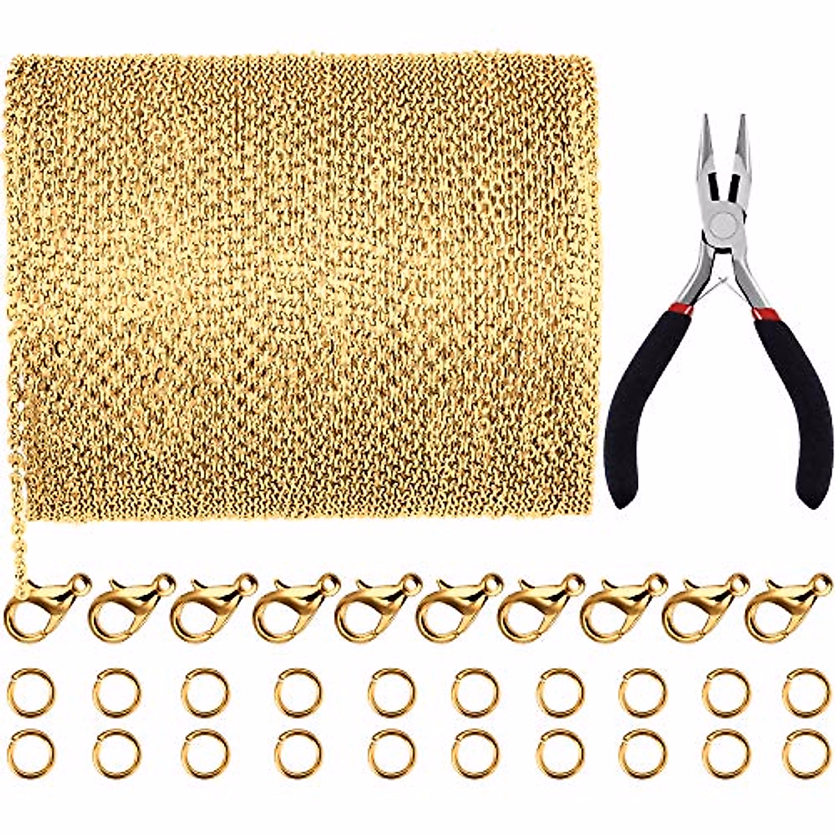JOVITEC 39.4 Feet 2 mm Link Ball Chains Necklace Chain Necklace Jewelry Plier with 30 Pieces Lobster Clasps and 100 Pieces Jump Rings for Jewelry Accessories DIY (Gold)