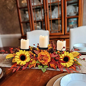 Fall Centerpiece Table Decorations, 27.5'' L Assorted Artificial Peony, Sunflowers, Berries, Autumn Leaves, Pine Cones, Harvest Table Candle Holder for Dinning Table, Fireplace (Candle Not Included)