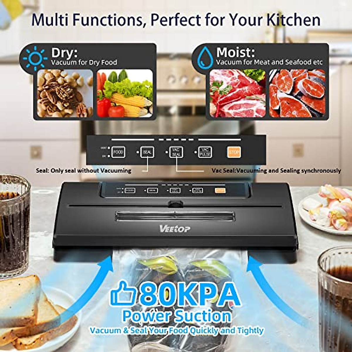 Vacuum Sealer Machine, Veetop Automatic Vacuum Food Sealer with Starter Kit, Dry Moist Pulse Mode Food Storage Machine with Build-in Cutter, Includes 1 Vacuum Roll (8*80”) & 10 Vacuum Seal Bags & 1 Air Suction Hose