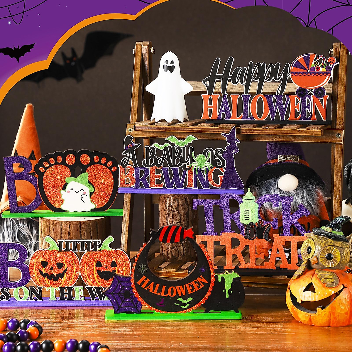 Threehoney 6 Pcs a Baby is Brewing Halloween Table Centerpiece Wooden Pumpkin Table Centerpiece Black Purple Witch Block Sign Halloween Baby Shower Decorations for Dinner Gender Reveal Party